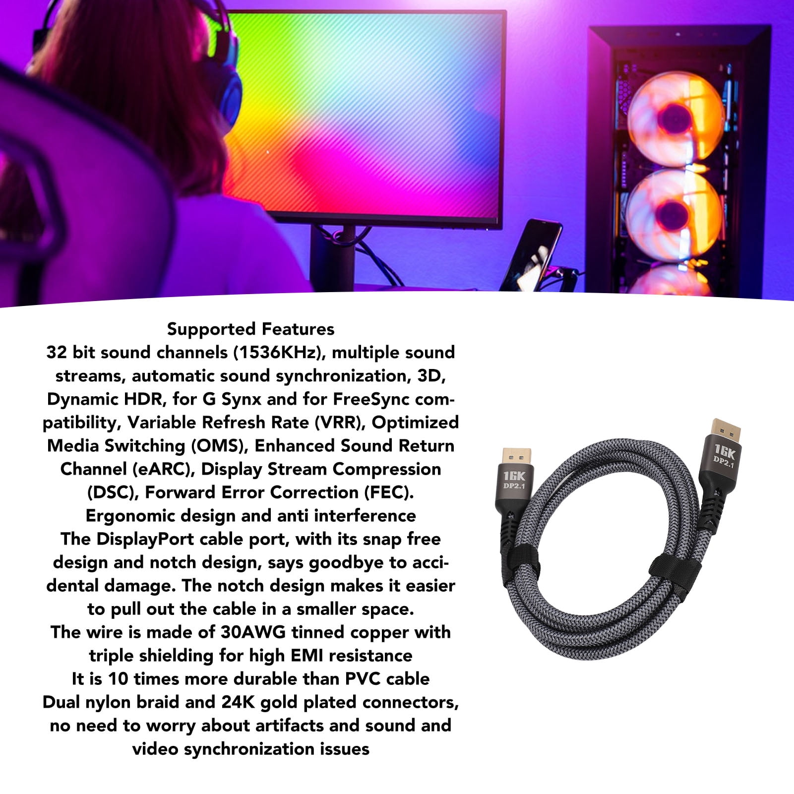 16K/8K DisplayPort 2.1 Cable, 40Gbps Bandwidth, HDR Support, Compatible ...