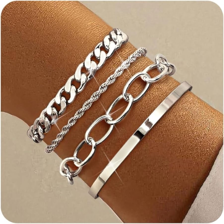 16K Gold/Silver Chunky Bracelet Ladies Trendy, Delicate Stacked Non ...
