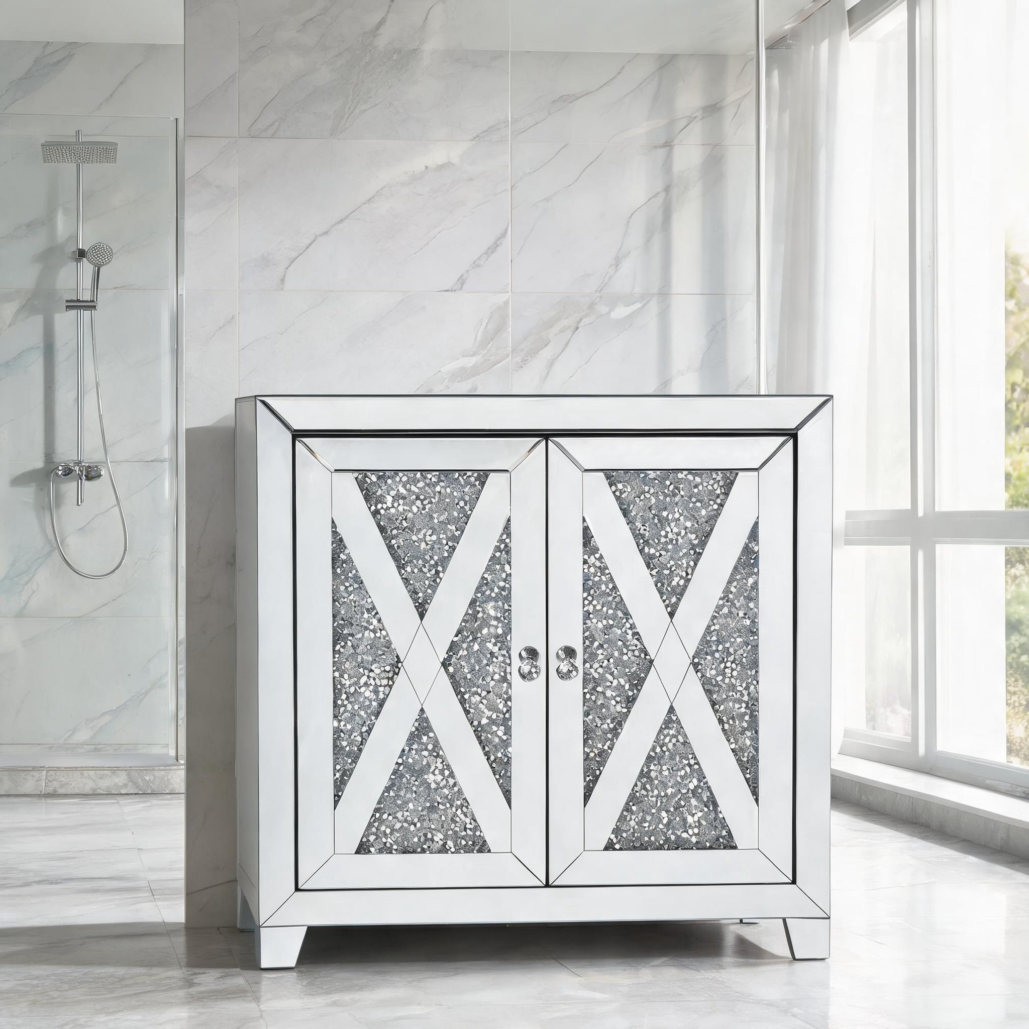 16L x 32W x 32H Inch Glam Silver-tone Console Cabinet with Mirrored ...