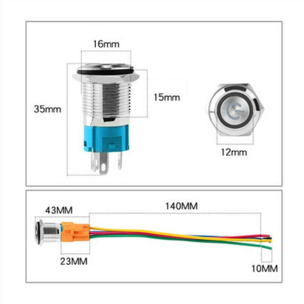 16Mm 12V Led On Off Push Button Power Switch Latching With Wire Socket ...