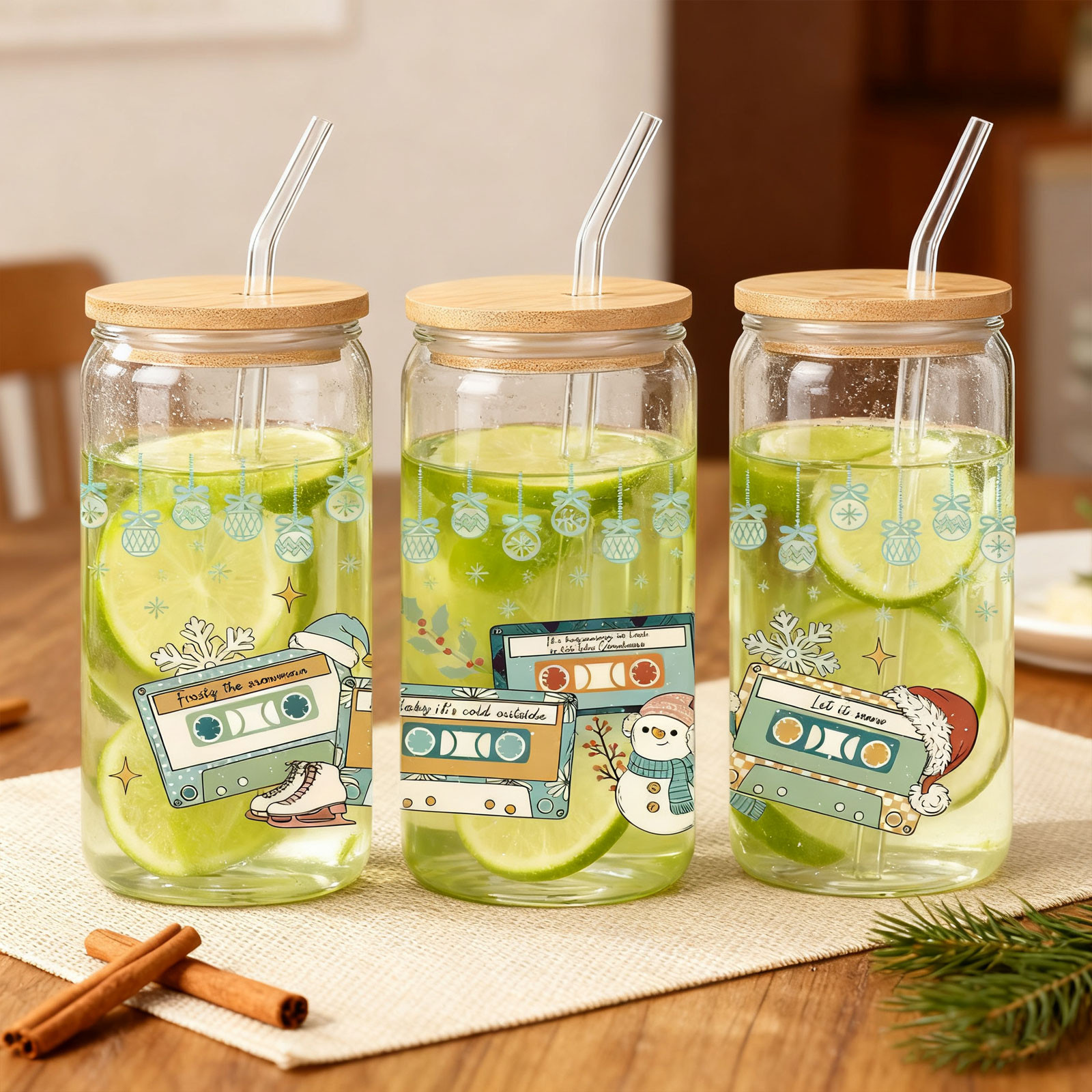 16Oz Christmas Glass Cups With Lids And Straws Drinking Glasses Cups ...