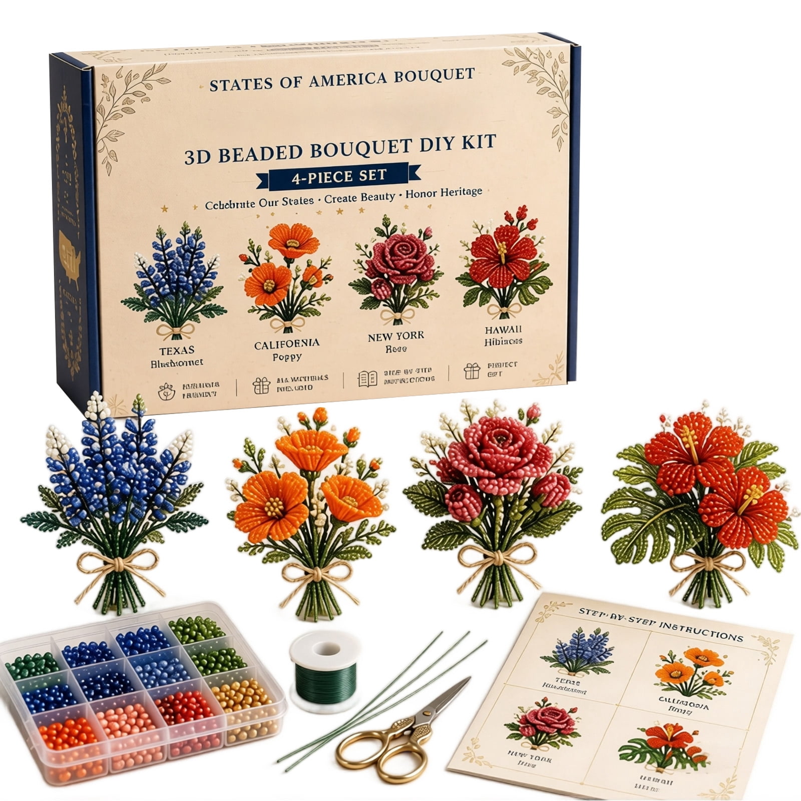 16PC A Minibee Patriotic Beading Kit DIY Bead Bouquet Craft Set for 4th ...