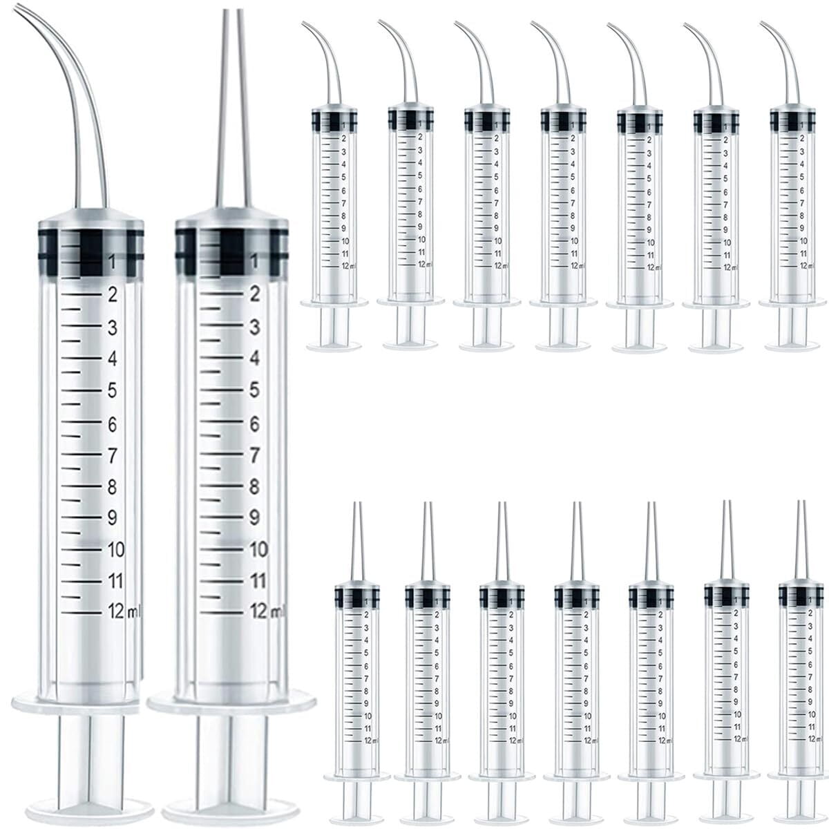 16PCS 12ml Plastic Syringes Set,Syringe with Curved Tip and Straight ...
