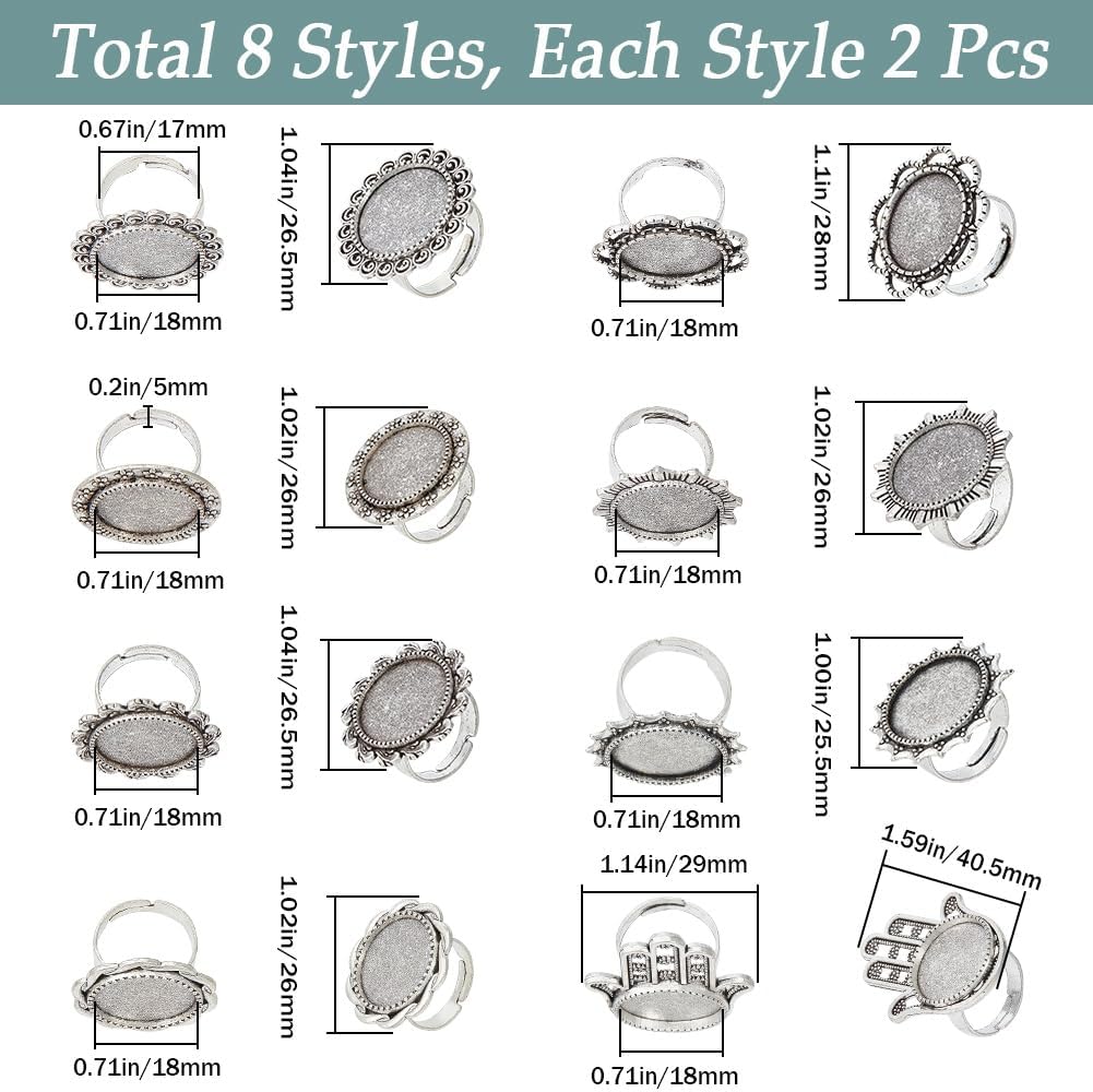 16PCS 8 Styles Silver Adjustable Bezel Ring Blanks Cabochon Settings ...