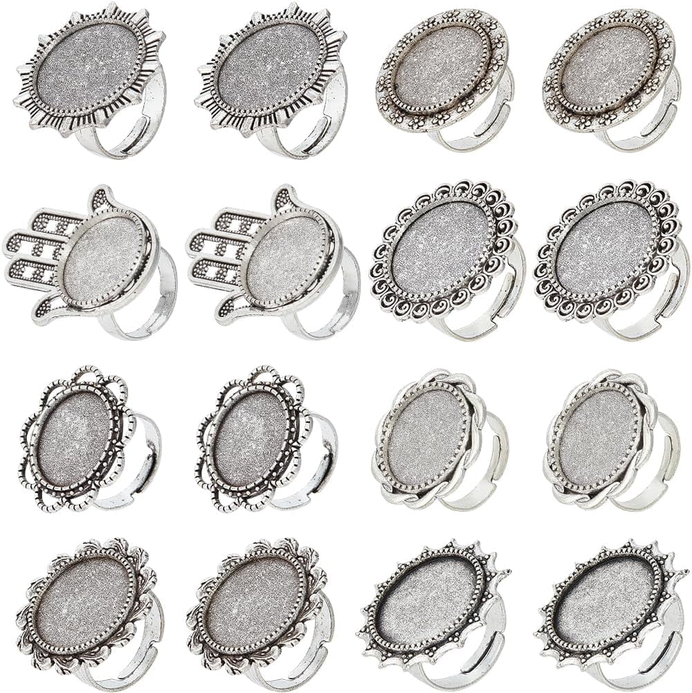 16PCS 8 Styles Silver Adjustable Bezel Ring Blanks Cabochon Settings ...
