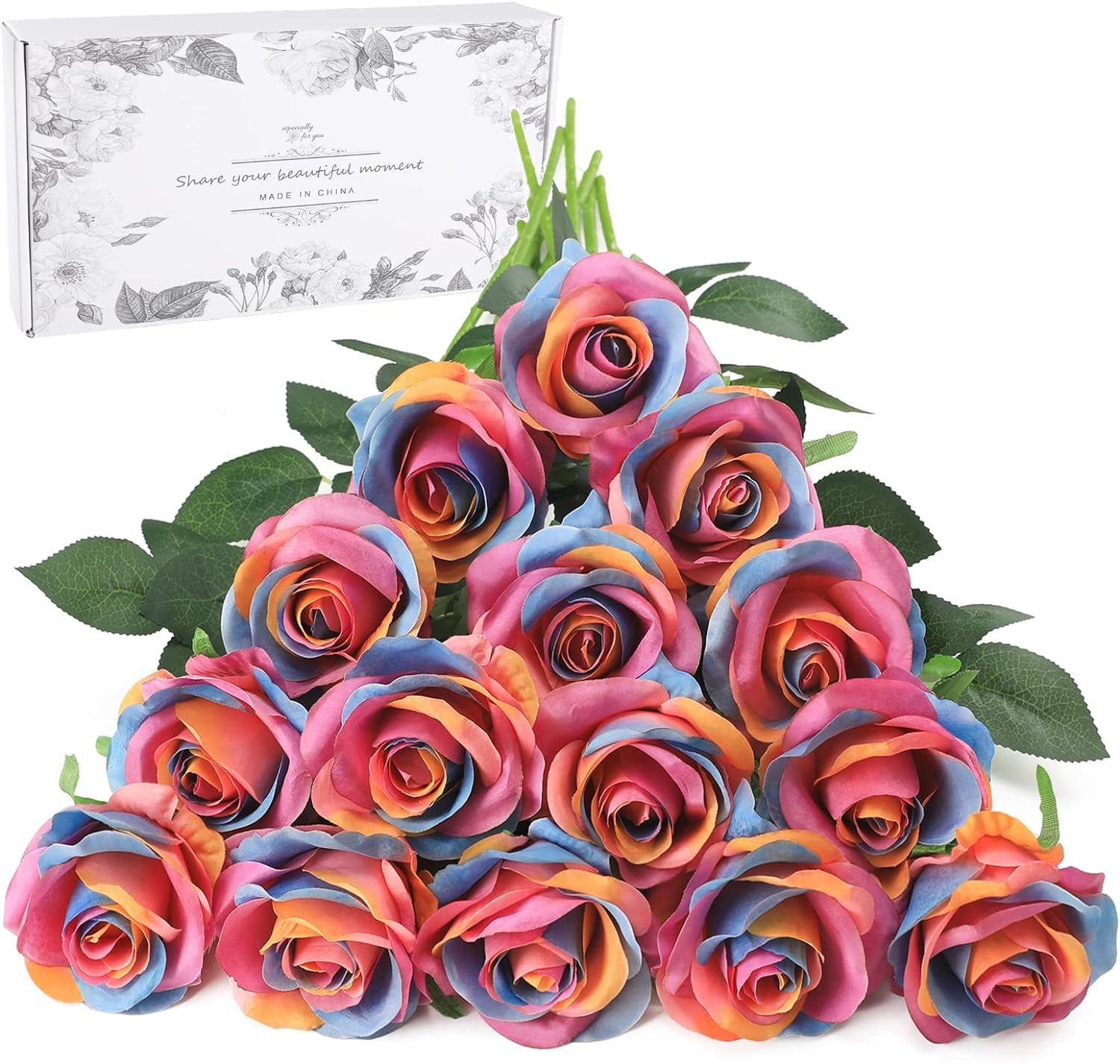 16PCS Artificial Roses with Box Silk Flowers Fake Roses Real Touch ...