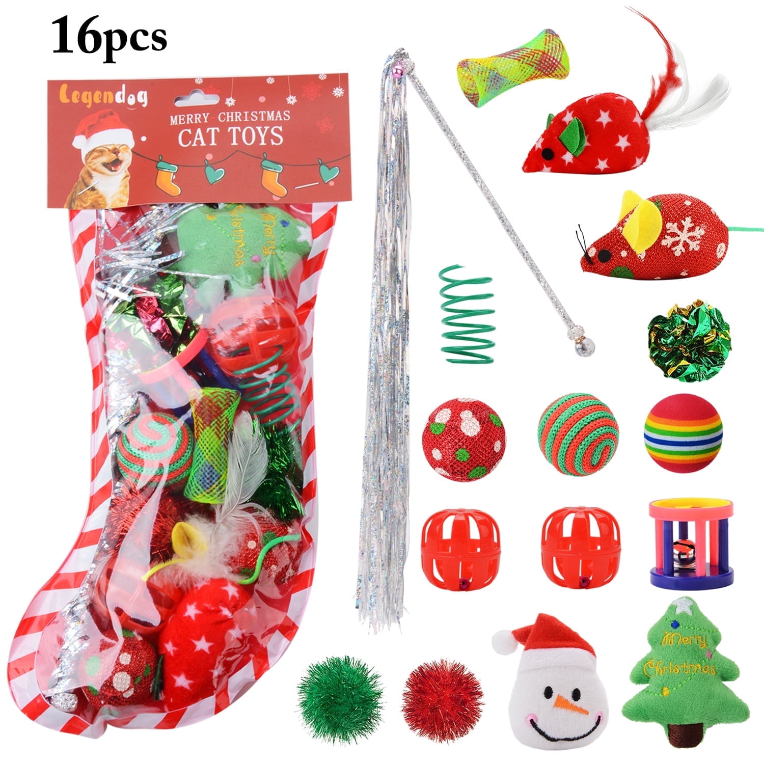 16PCS Christmas Pet Toy Set Interactive Cat Ball Toy Mice Toy Cat ...
