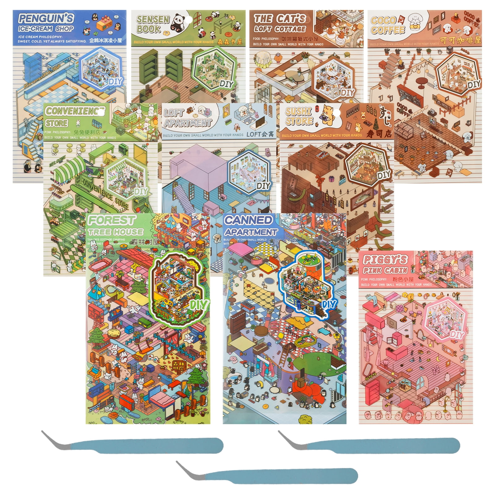 Xiyztok 10Pcs DIY 3D Sticker Scene,3D House Stickers with 3 Tweezers ...