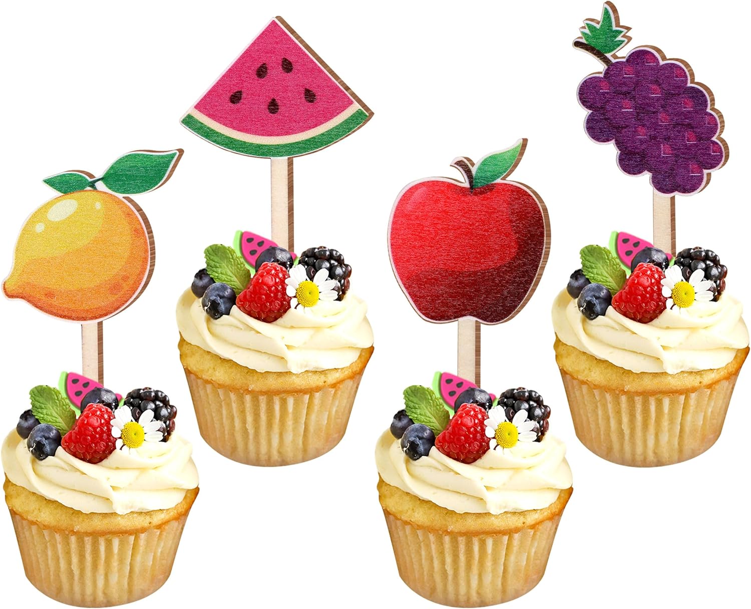 16PCS Fruit Cupcake Toppers Wooden Watermelon Lemon Grapes Cupcake ...