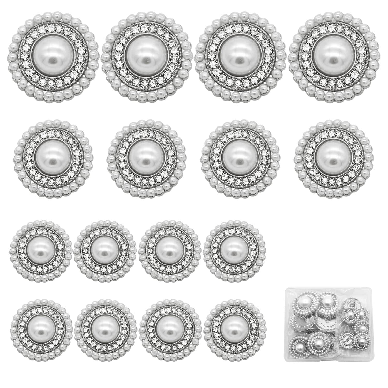 16PCS Metal Button Rhinestone Faux Pearl Buttons Embellishments Set for ...