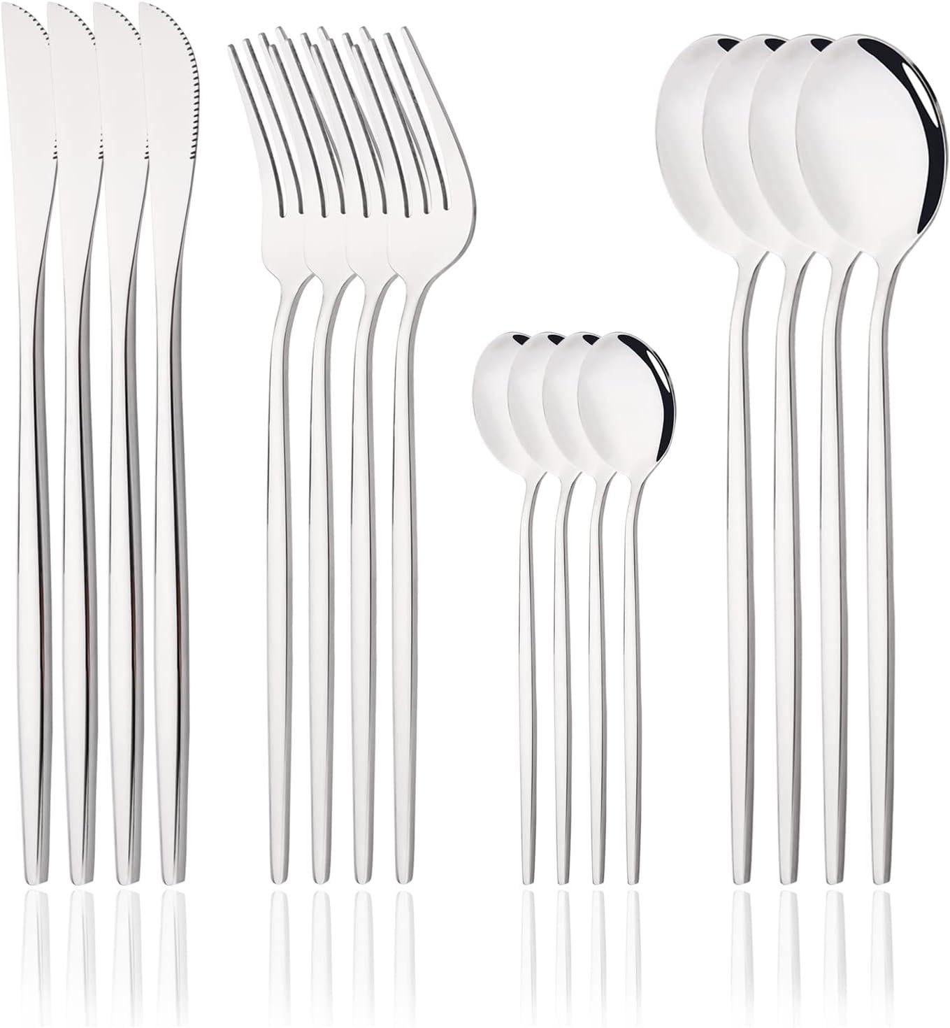 16PCS Silver Flatware Set,304 Stainless Steel Silverware Set for 4 ...
