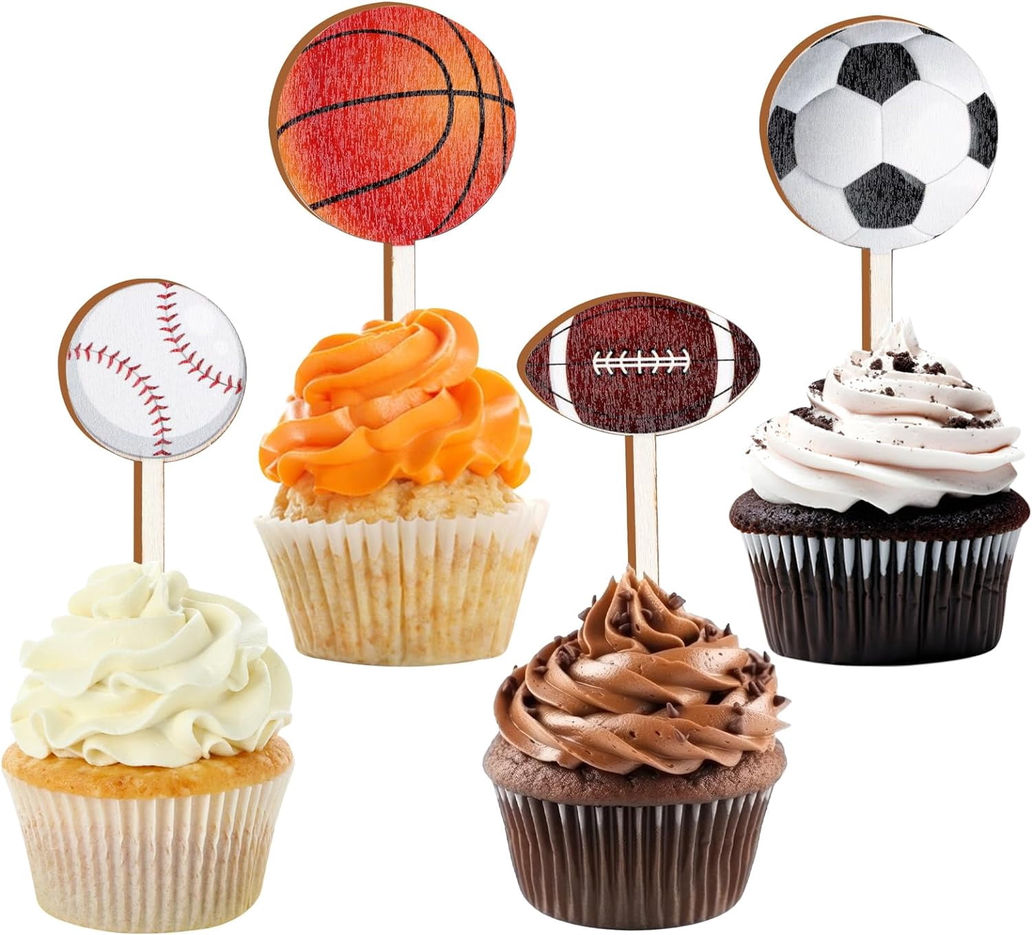 16PCS Sports Cupcake Toppers Wooden Basketball Football Baseball Soccer ...