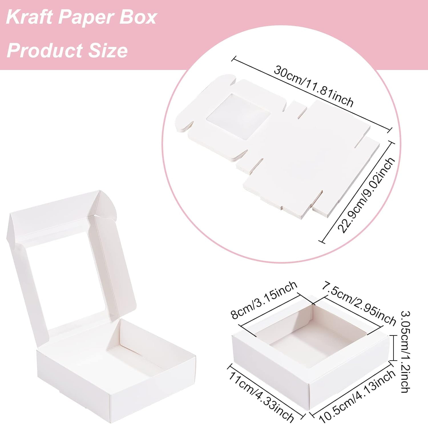16Packs 4.2x4.2x1.2inch Clear PVC Square Window GiftBoxes White Kraft ...