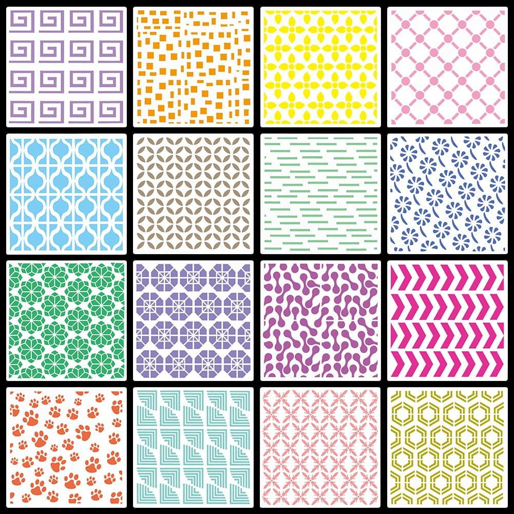 16Pcs 15x15cm Geometric Painting Stencils Mixed Texture Template Media ...