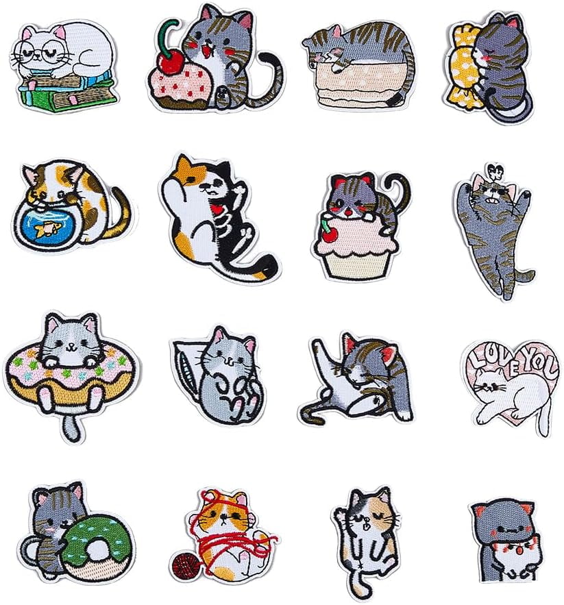 16Pcs/16 Style Iron On Embroidered Patch Cat Sew-On Decorations ...
