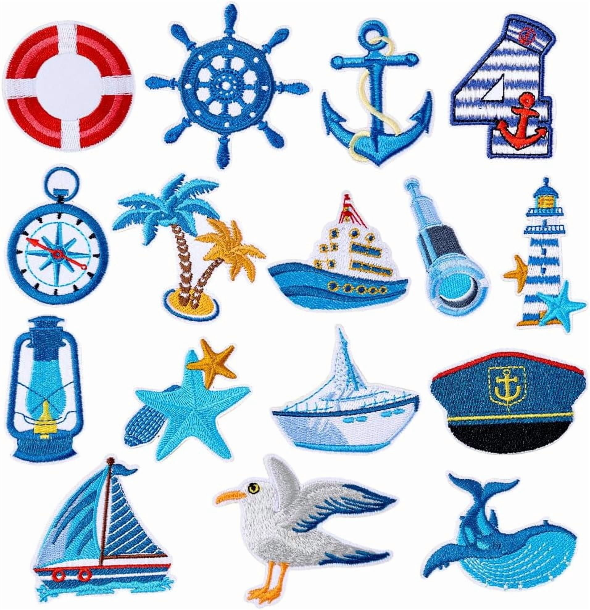 16Pcs 16 Styles Ocean Iron on Patches Blue Sailing Maritime Embroidered ...