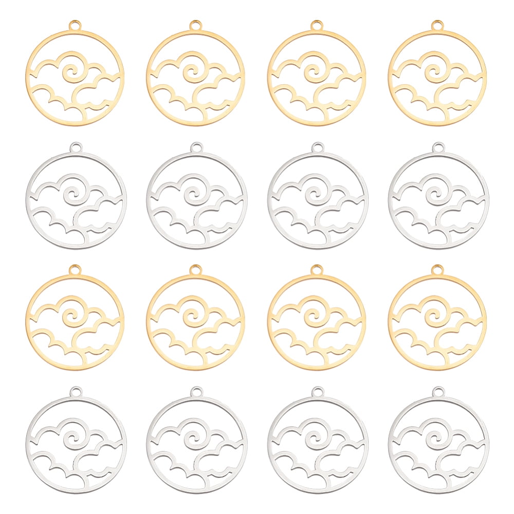 16Pcs 2 Colors 304 Stainless Steel Pendants Hollow Round Ring with Sea ...