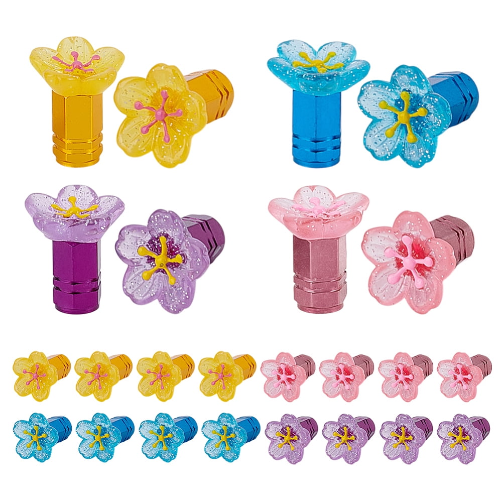 16Pcs 4 Colors Resin Flower & Aluminium Alloy Tire Valve Stem Caps ...