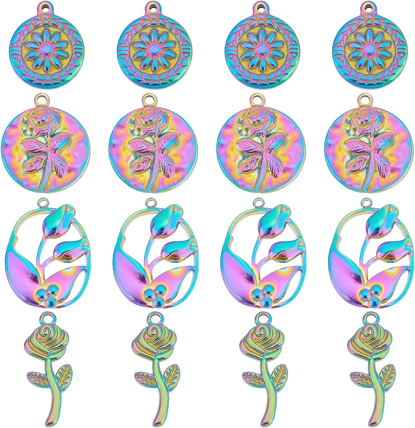 16Pcs 4 Style Rack Plating Rainbow Color Flower Theme Pendant 304 ...