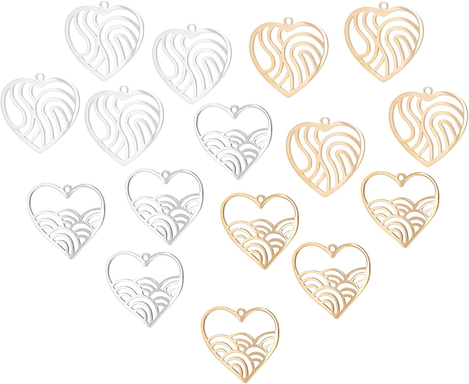 16Pcs 4 Style Stainless Steel Ocean Wave in Heart Pendants Heart with ...