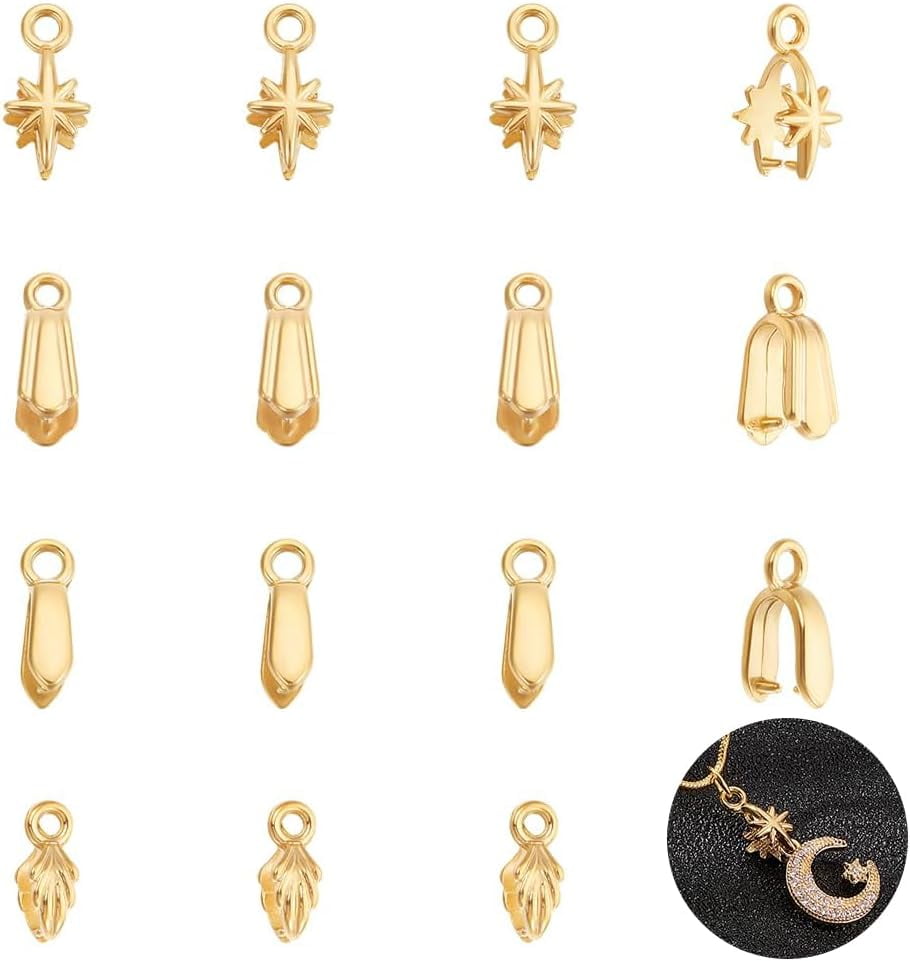 16Pcs 4 Styles 18K Gold Plated Pinch Bails Stainless Steel Snap on ...