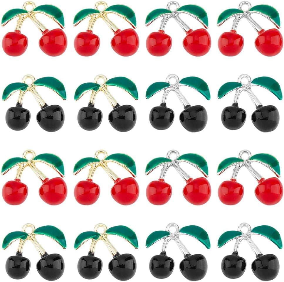 16Pcs 4 Styles Alloy Cherry Charms Enamel Fruit Pendants Red and Black ...