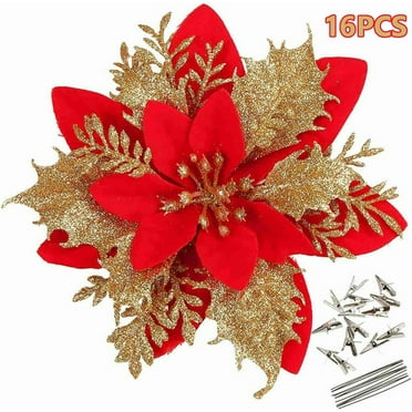 12 Pack 5.5" Artificial Poinsettia Christmas Tree Ornaments Decorations ...