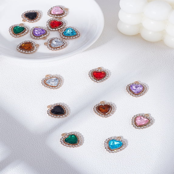 16Pcs 8 Colors Brass Acrylic with Rhinestones Pendants Heart Light Gold ...