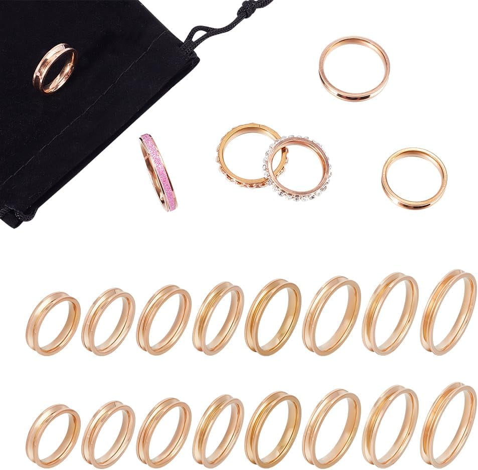 16Pcs 8 Sizes Titanium Steel Ring Blanks Rose Gold Grooved Finger Ring ...
