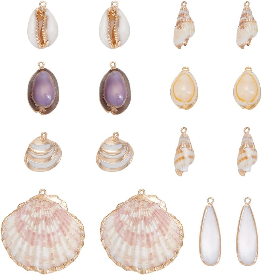 16Pcs 8 Style Natural Shell Charms Assorted Beach Seashell Conch Cowrie ...