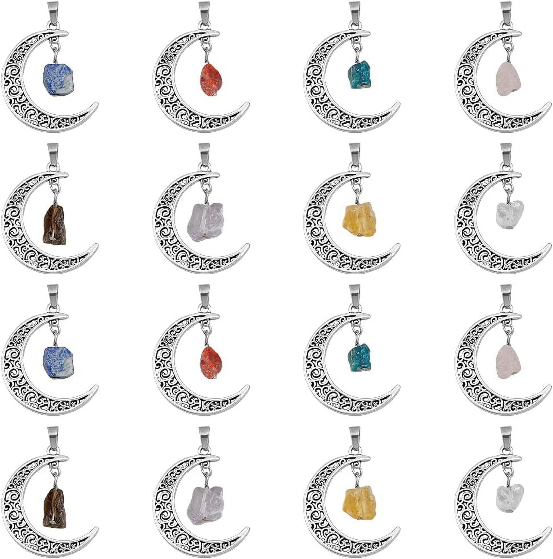 16Pcs 8 Styles Alloy Hollow Moon Pendants with Natural Gemstone Tibetan ...
