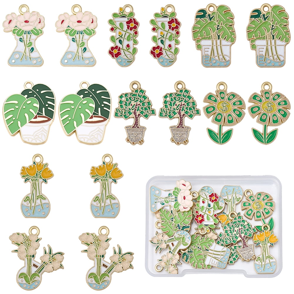 16Pcs 8 Styles Enamel Plant Charms Bonsai Potted Green Plant Enamel ...