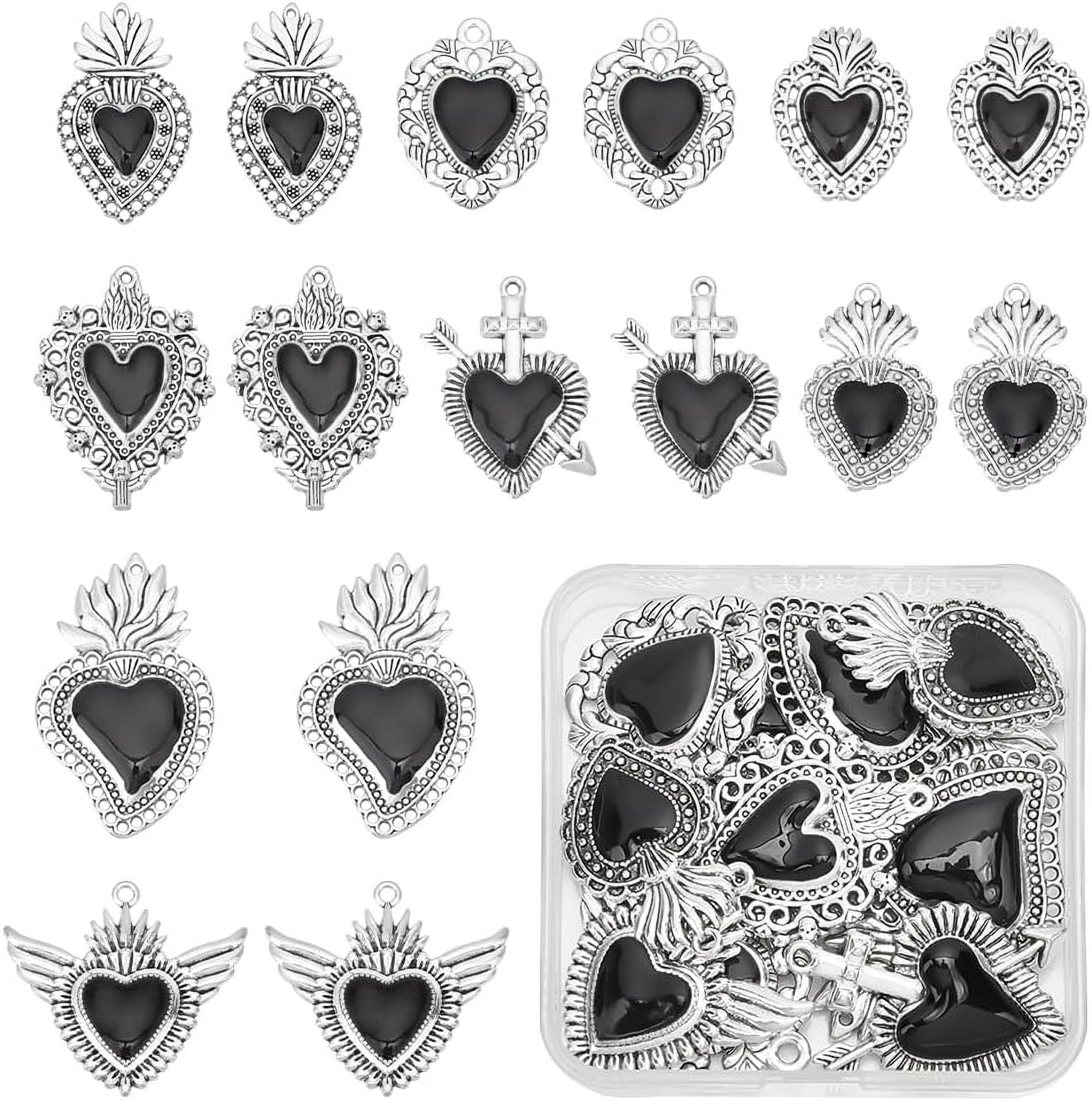 16Pcs 8 Styles Heart Charm Black Sacred Heart Charm Black Heart ...
