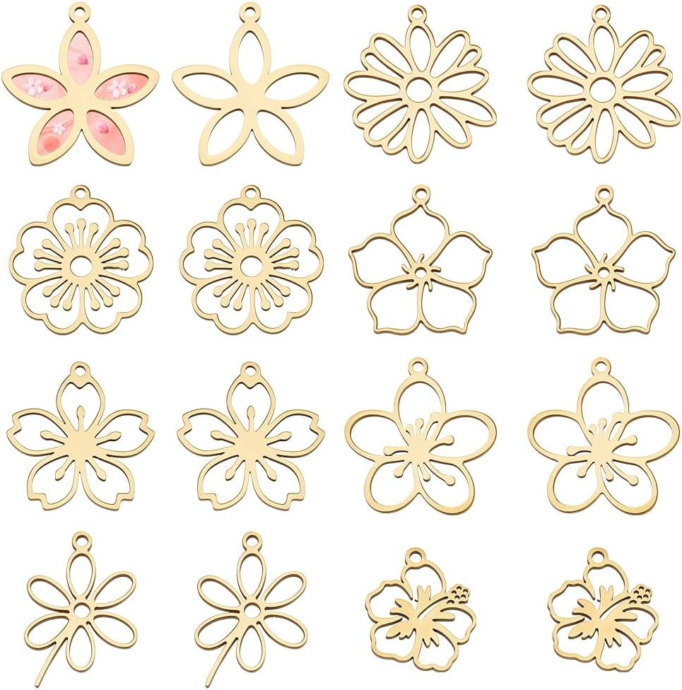 16Pcs 8 Styles Stainless Steel Hollow Flower Charms Gold Floral Open ...