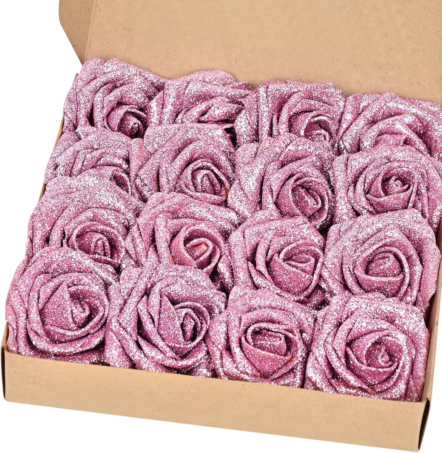 16Pcs Artificial Flowers Fake Roses with Stems, Pink Glitter Boxed Foam ...