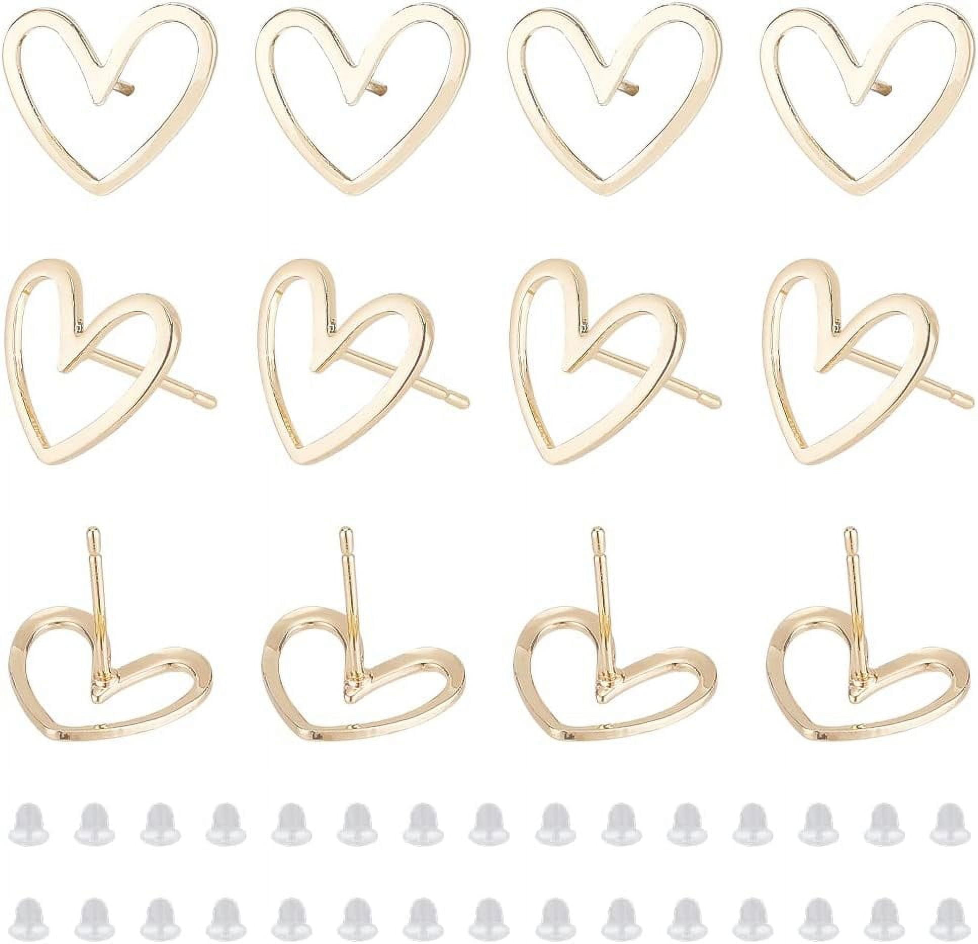 16Pcs Brass Stud Earrings Findings Heart with 40Pcs Plastic Ear Nuts ...