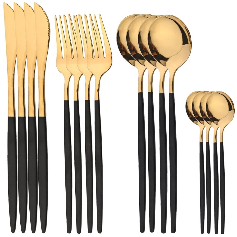 16Pcs Cutlery Set Stainless Steel Mirror TablewareDinner Black Gold ...