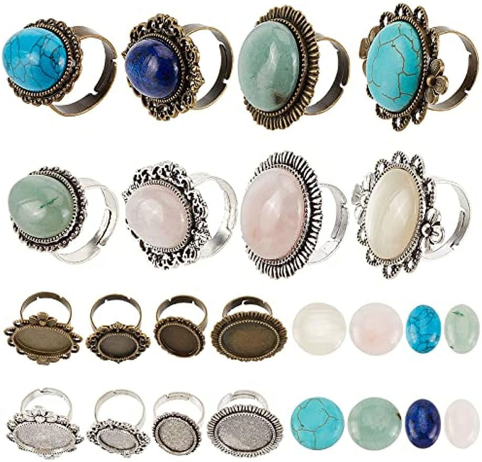16Pcs DIY 8 Sets Ring Bezel Blanks Natural Stone Cabochons Antique ...