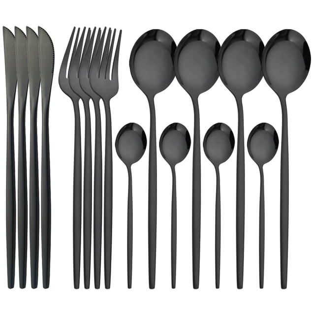 16Pcs Dinnerware Set Stainless Steel Tableware Mirror Dinner Black ...