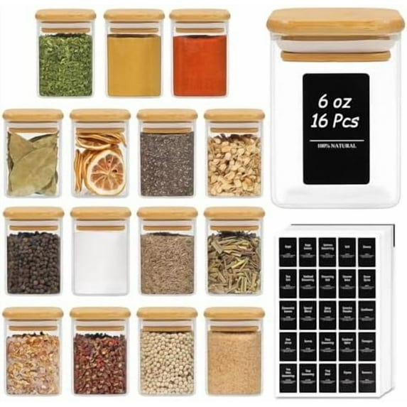 16Pcs Glass Spice Jars with Bamboo Lid, 6oz Airtight Square Containers ...