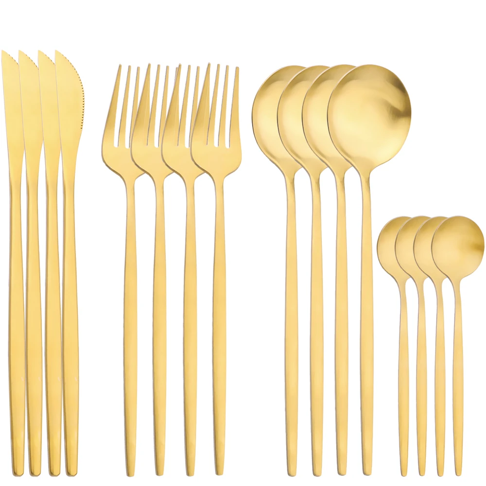 16Pcs Gold Stainless Steel Cutlery Set Knife Fork Spoon Dinnerware ...