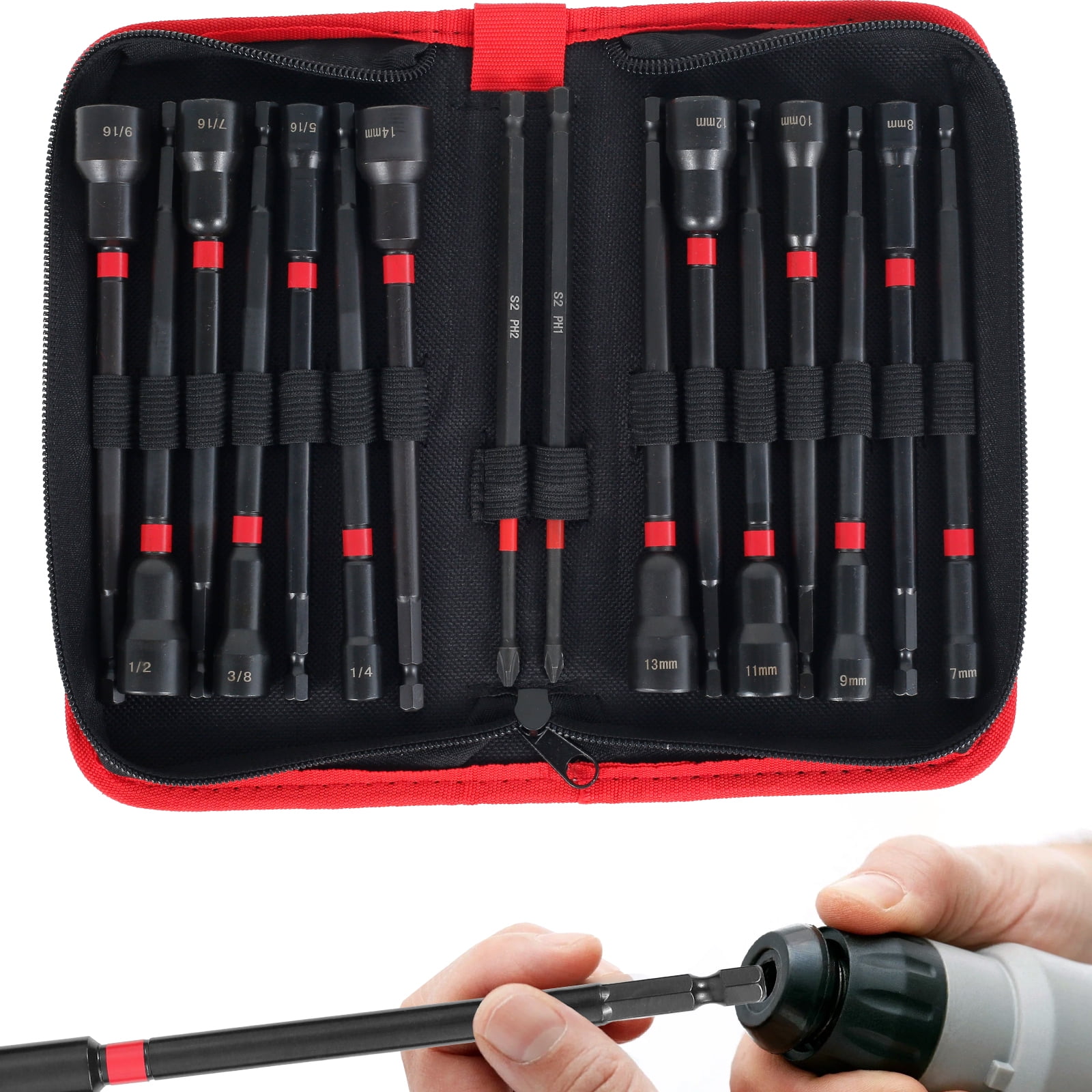 16Pcs Magnetic Nut Driver Set 6inch Impact Drill Socket Adapter SAE and Metric Nut Driver Set 1 ...