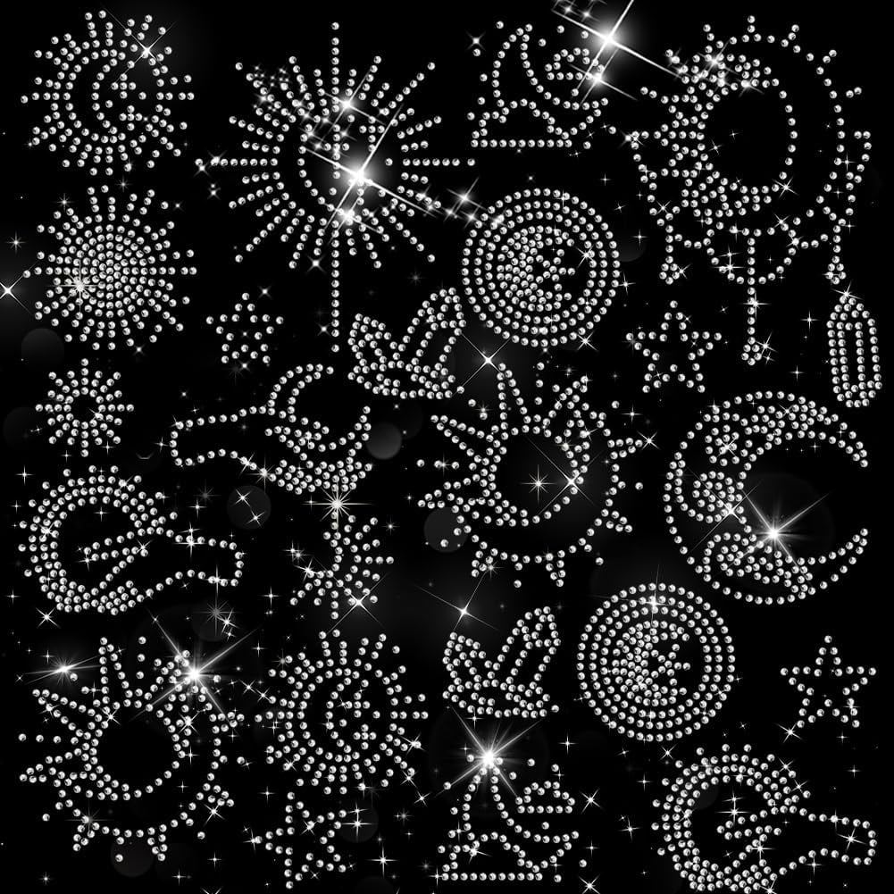16Pcs Moon and Sun Patterns Rhinestone Iron on Hotfix Transfer Decal ...