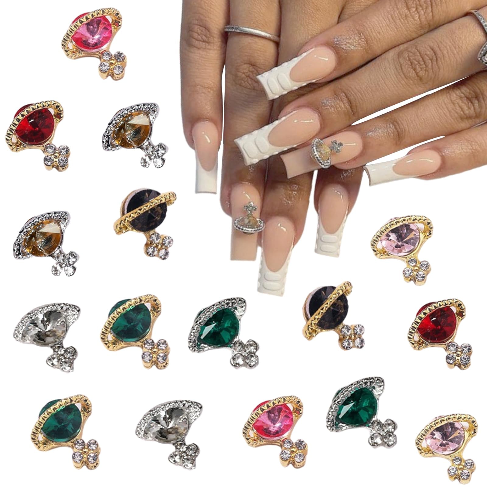 16Pcs Planet Nail Charms Nail Rhinestones 3D Shiny Silver Saturn Shape ...
