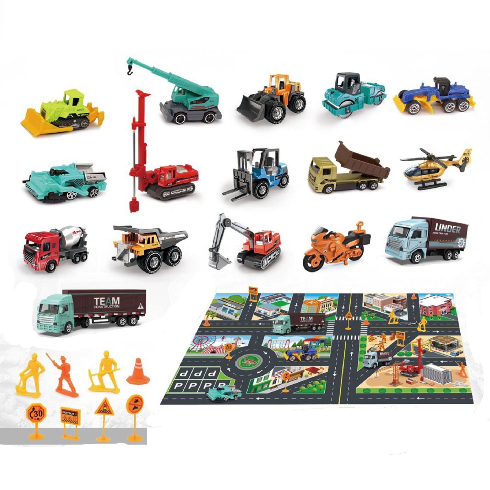 16Pcs/Set 1:64 Construction Vehicle Toy with Signpost Map 1:64 Movable ...
