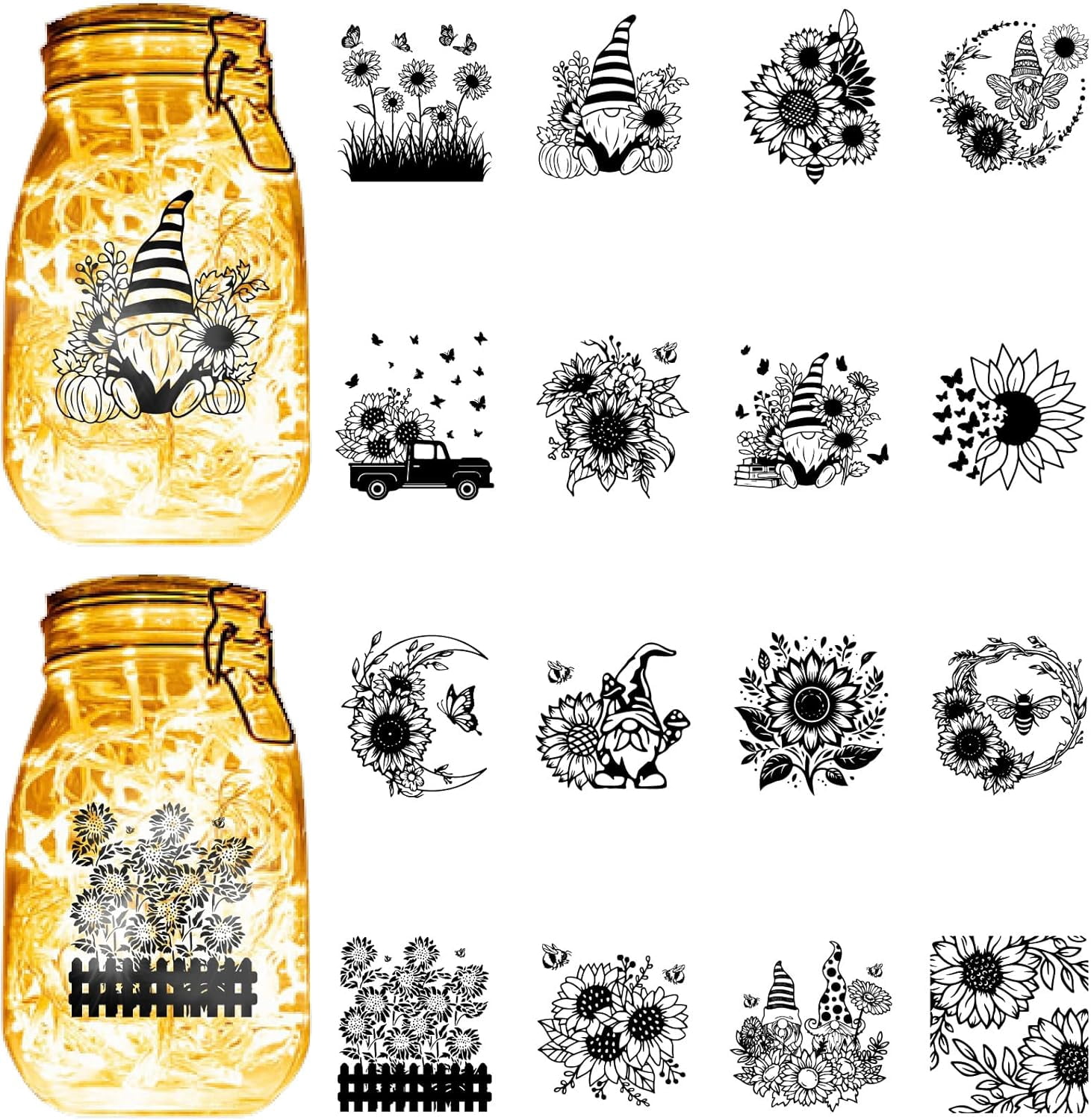 16Pcs Sunflower Silhouettes Mason Jar Decor Dwarf Laser Cut Cardboard ...