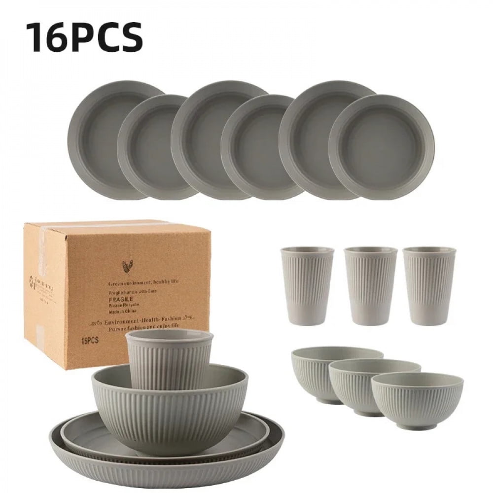 16Pcs Wheat Straw Tablewar Sets Bowl Saucers Plate Sets Portable Picnic ...