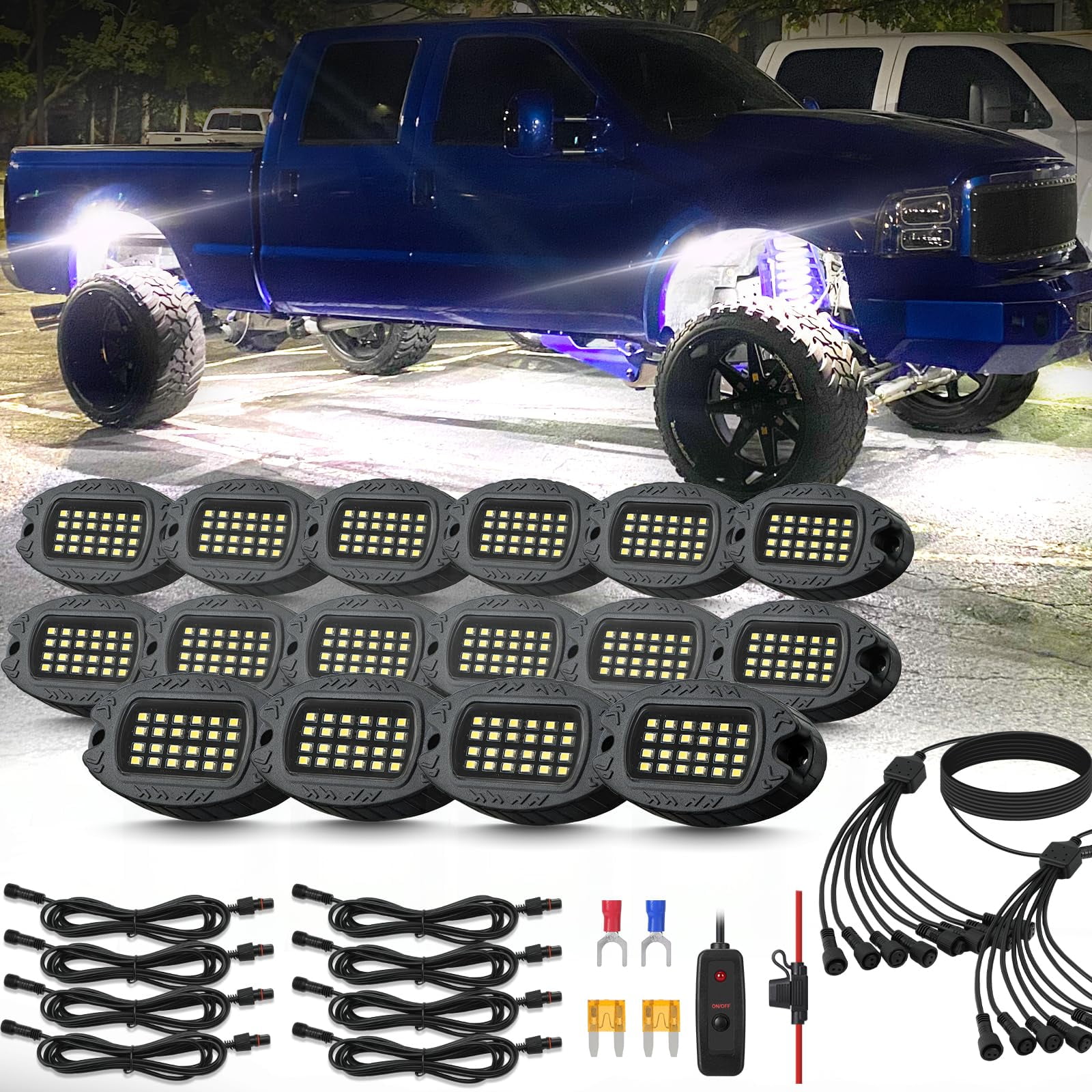 16Pods Aluminum Pure White LED Rock Lights Kit with Switch Wiring ...