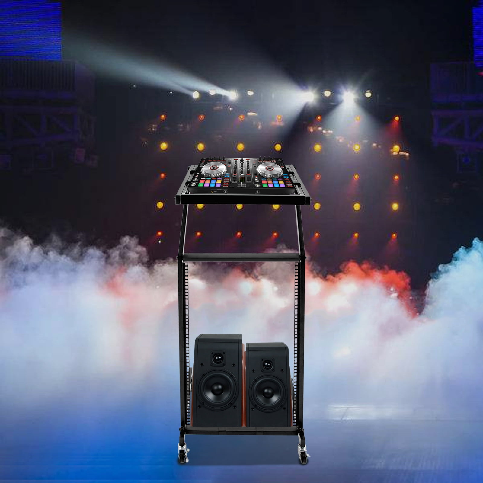 16U DJ Stand with Adjustable Height and Four Lockable Wheels, Space ...