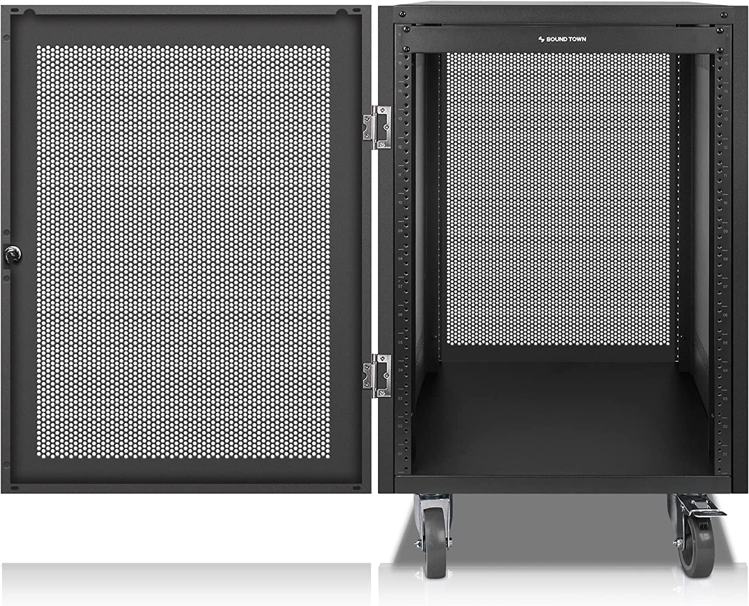 16U Universal Steel Rack, w/Mesh Doors, Locking Casters, Vented Side ...